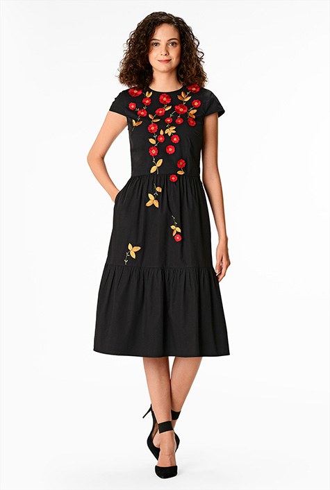 Shop Floral embellished cotton poplin ruffle flounce dress | eShakti