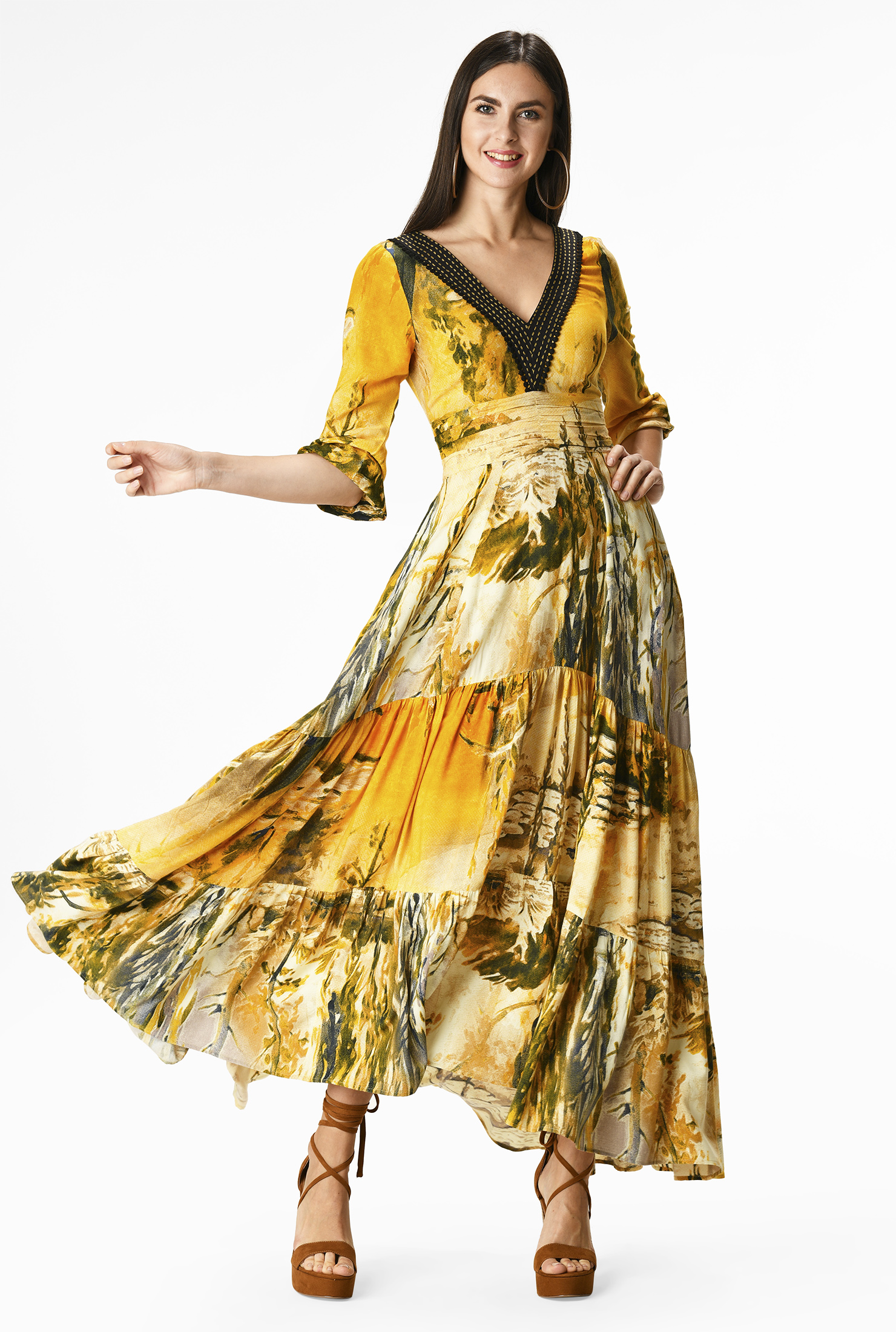 Shop Ruched tier graphic landscape print dress | eShakti