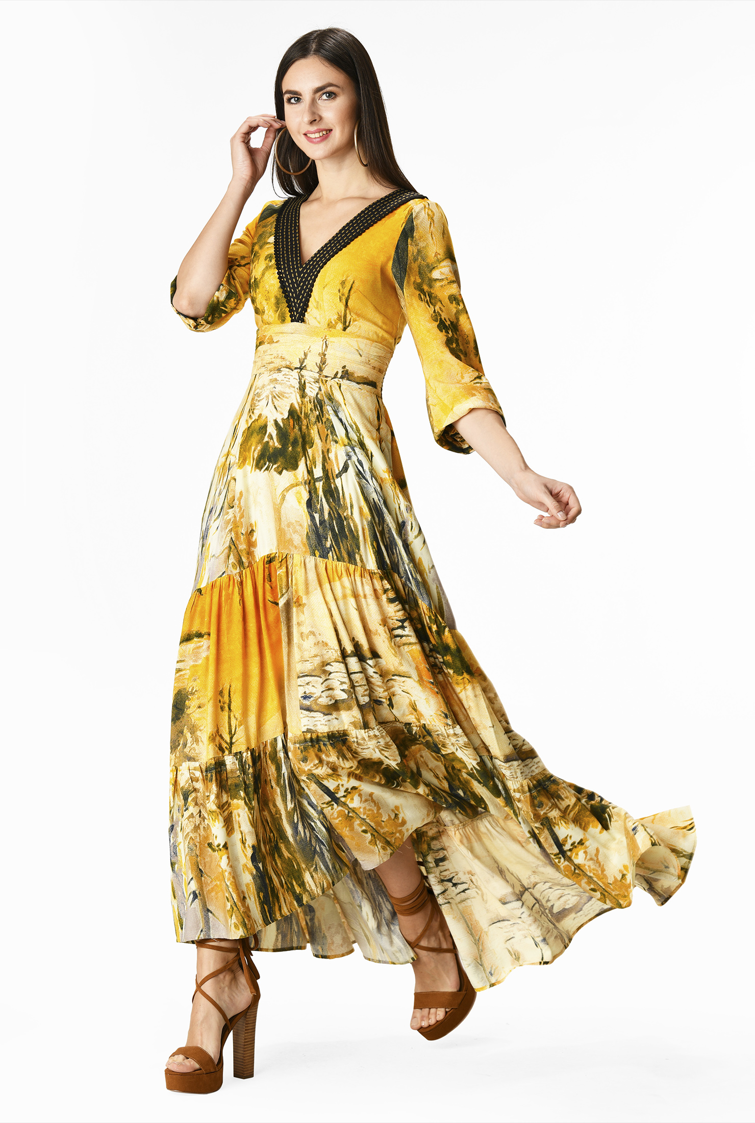Shop Ruched tier graphic landscape print dress | eShakti