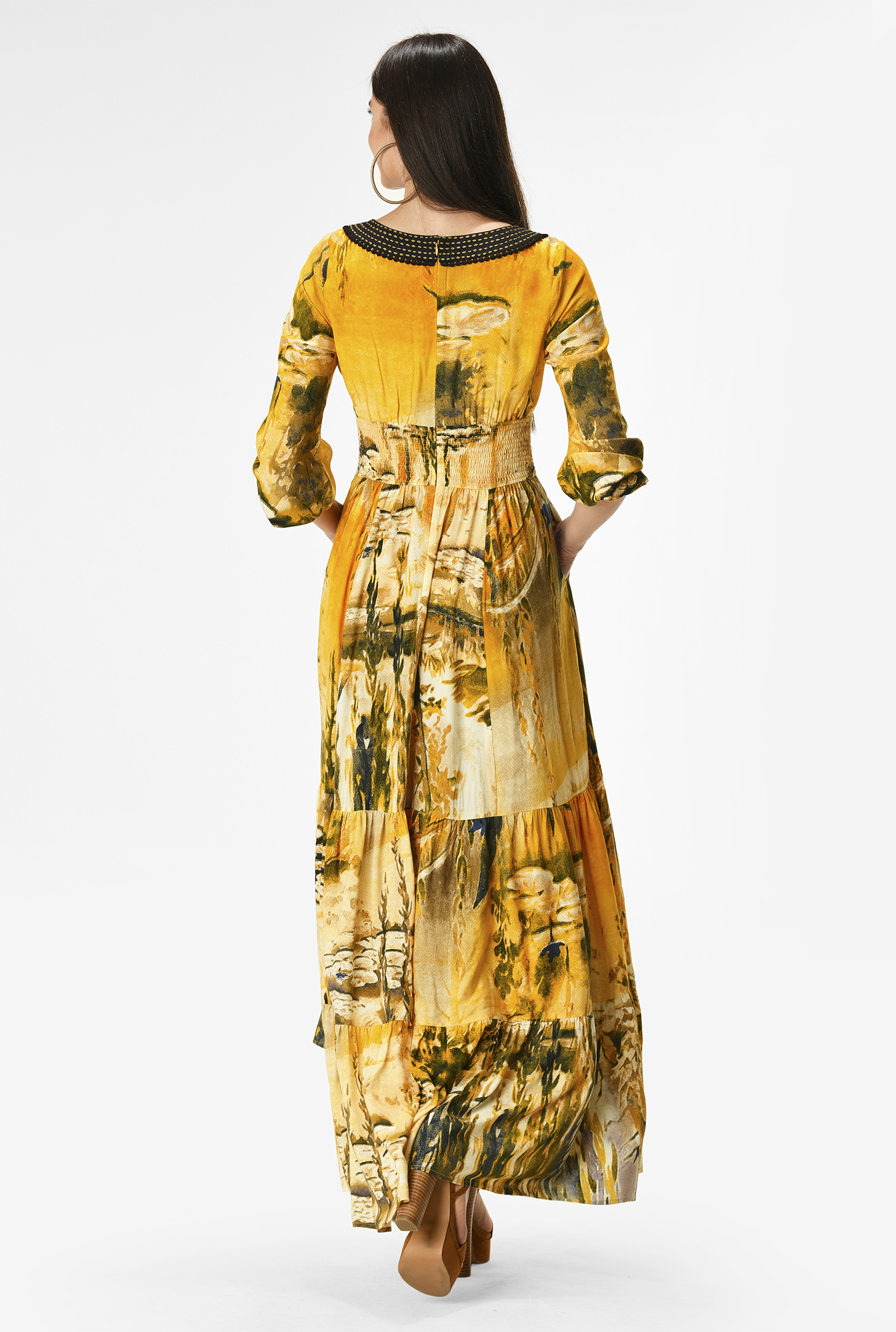 Shop Ruched tier graphic landscape print dress | eShakti