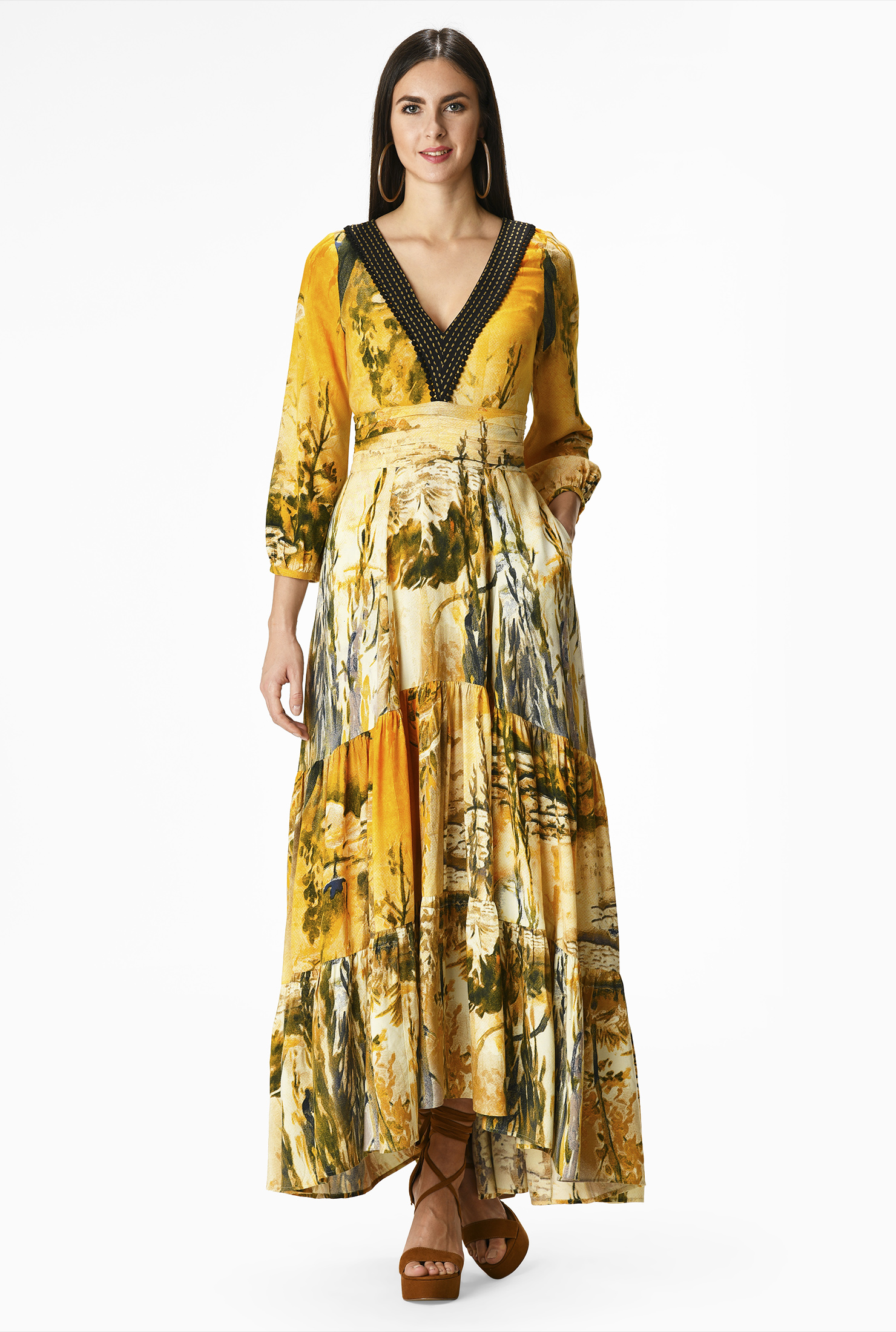 Shop Ruched tier graphic landscape print dress | eShakti