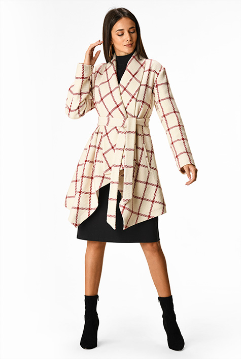 Shop Asymmetric hem wool blend plaid wrap jacket | eShakti