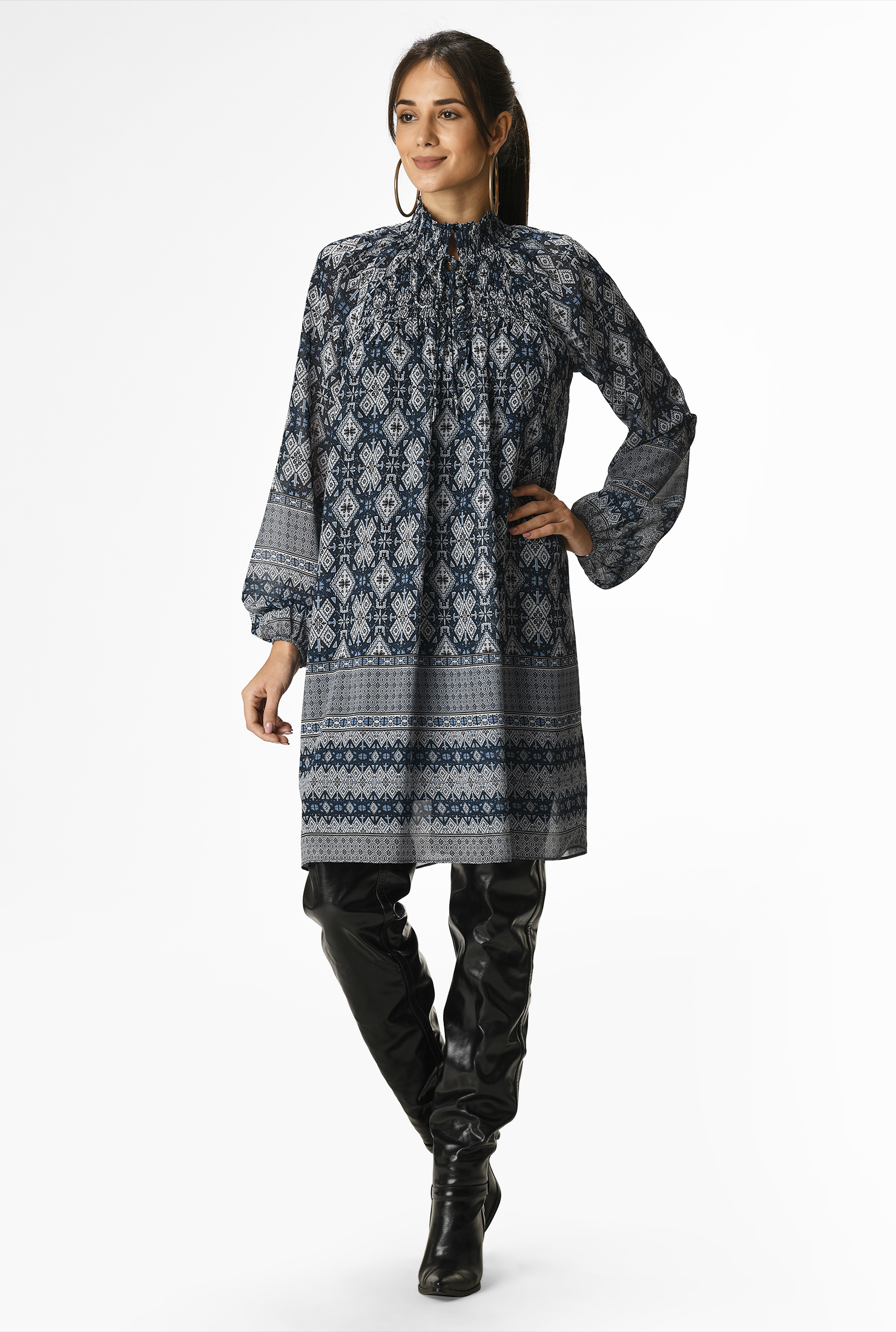 Shop Graphic tile print georgette smocked tunic dress | eShakti