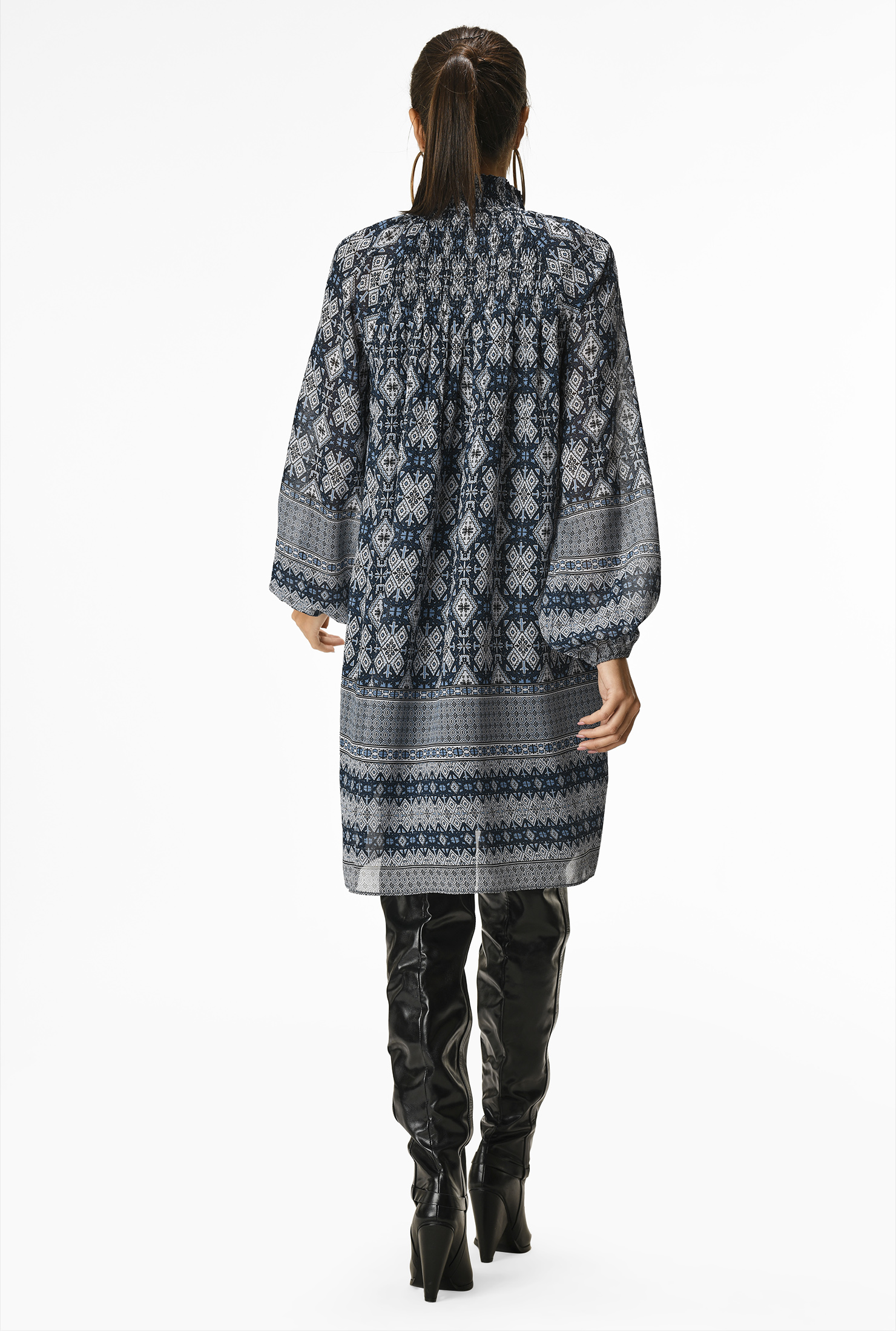 Shop Graphic tile print georgette smocked tunic dress | eShakti