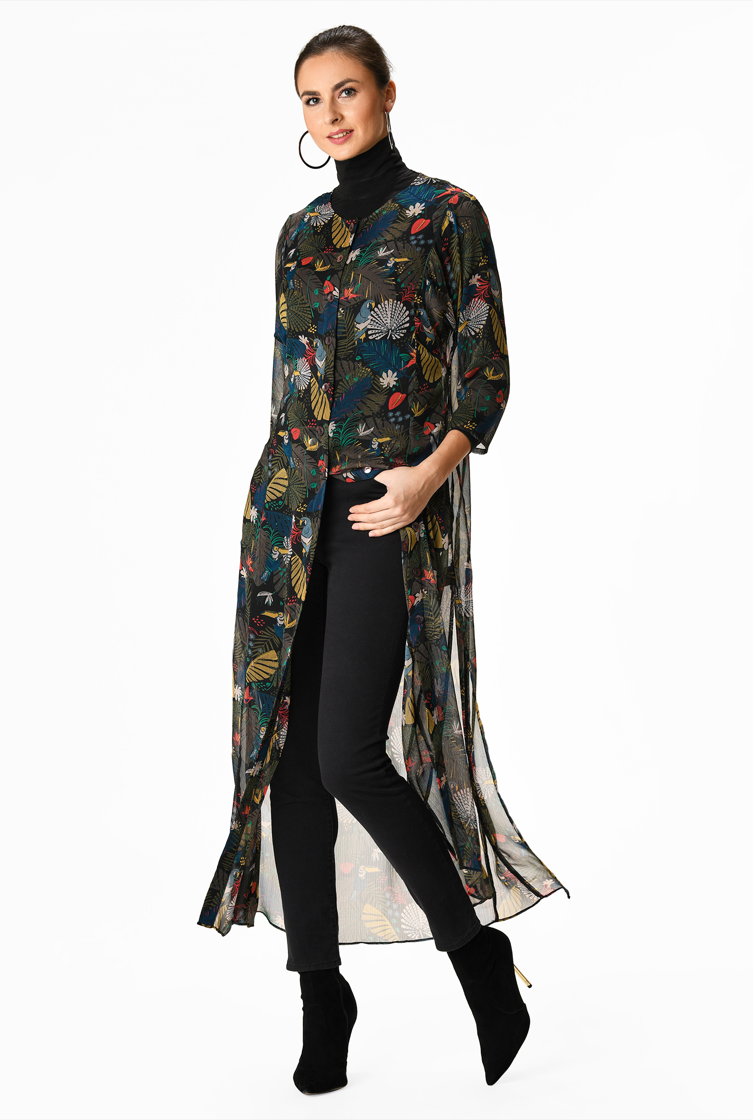 Shop Floral parrot print chiffon long tunic shirt | eShakti