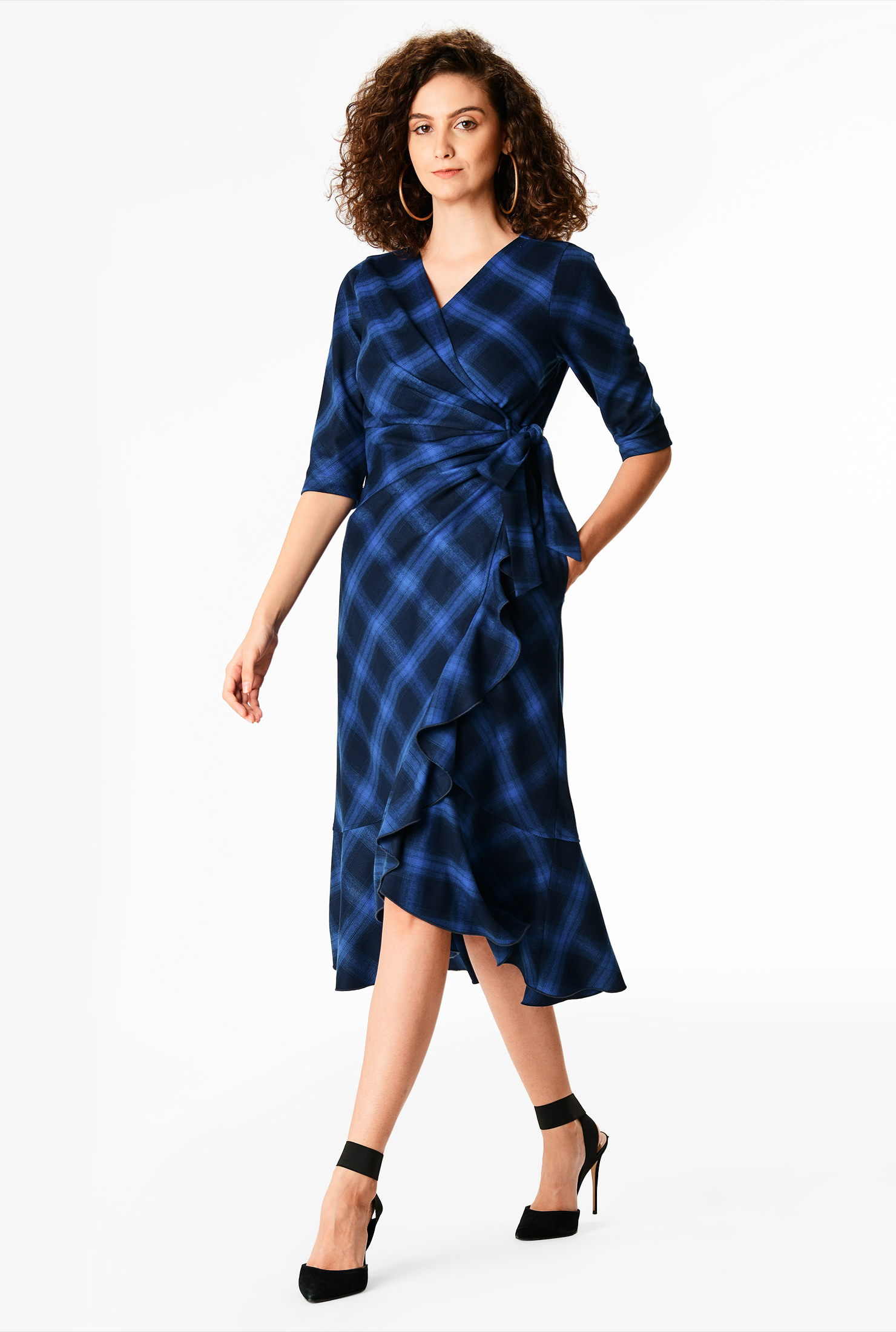 Shop Ruffle plaid suiting wrap dress | eShakti