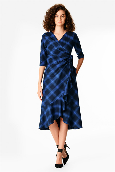 Shop Ruffle plaid suiting wrap dress | eShakti