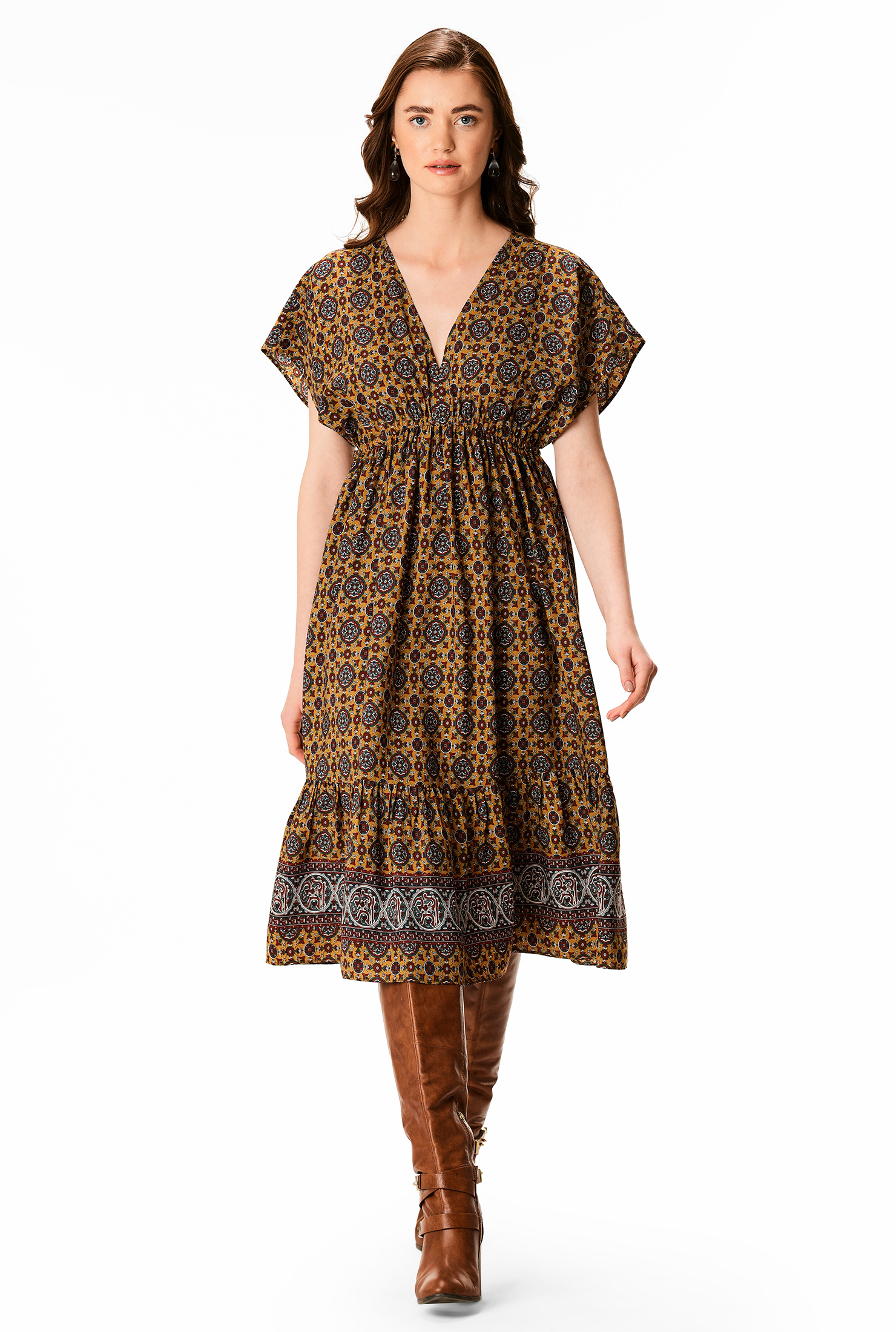 Shop Graphic tile print crepe drawstring empire dress | eShakti