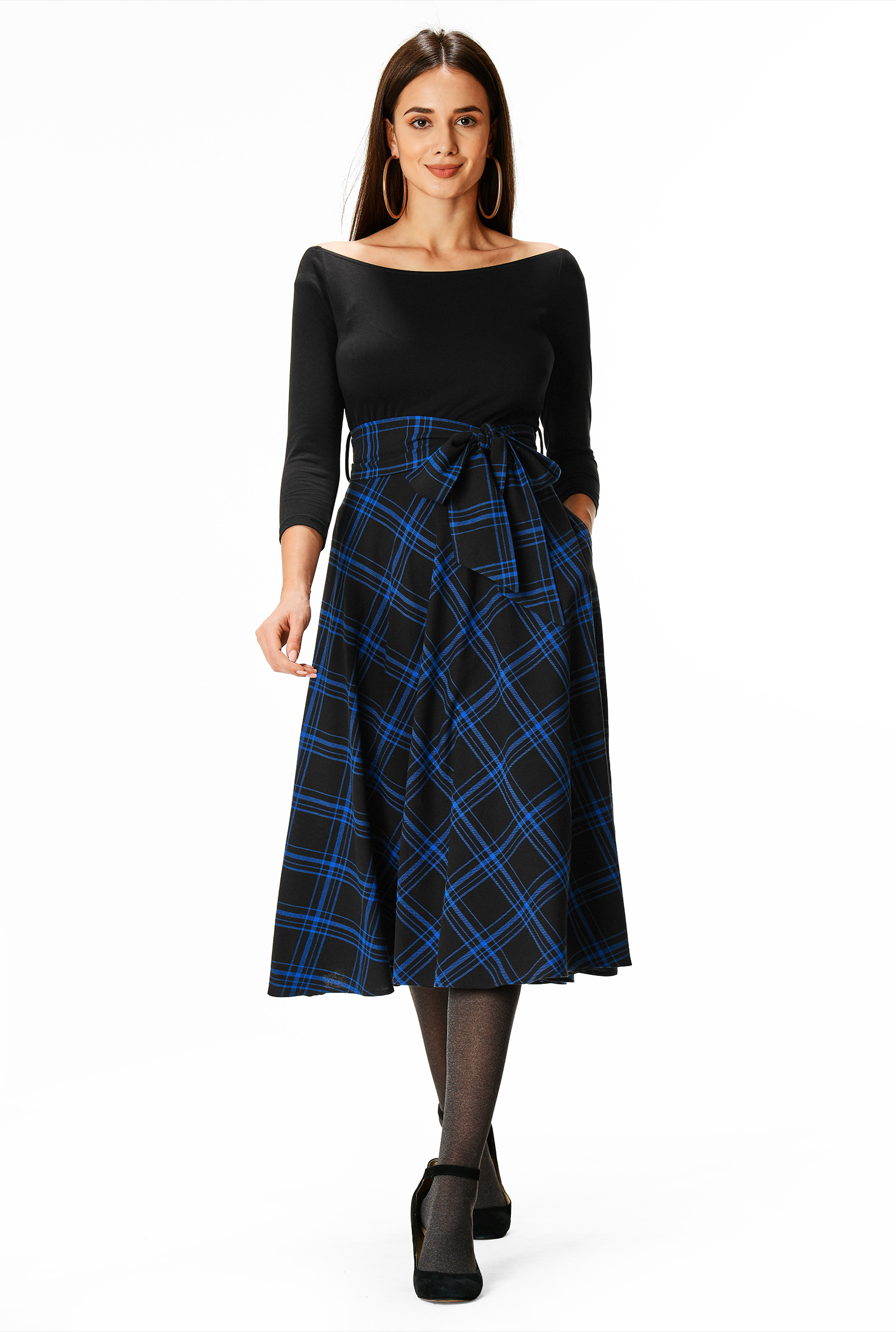 Shop Wide neck cotton knit and check dress | eShakti