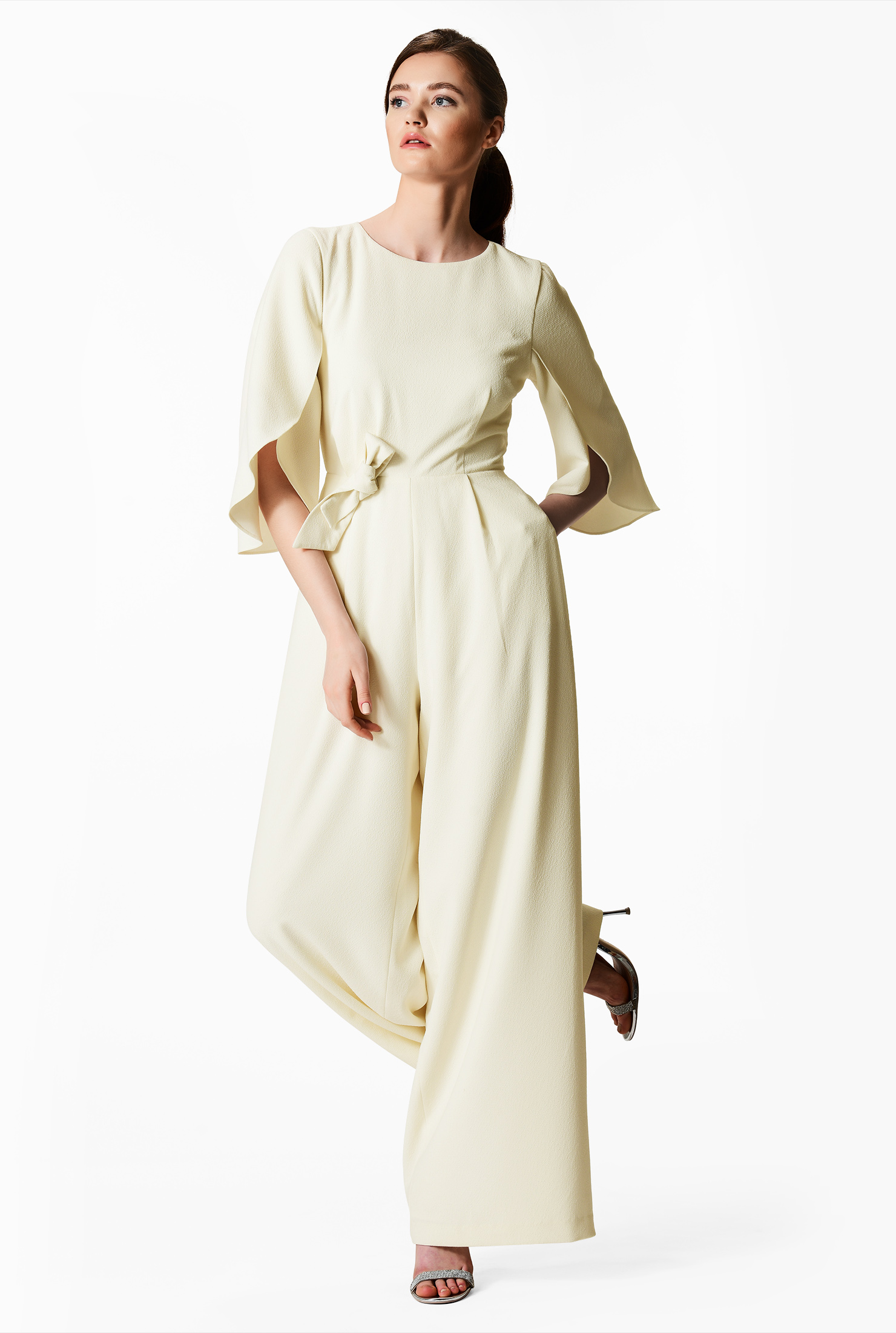 Shop Drape sleeve bow-tie crepe jumpsuit | eShakti