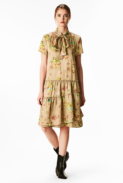 Shop Tie neck cherub print satin shift dress | eShakti