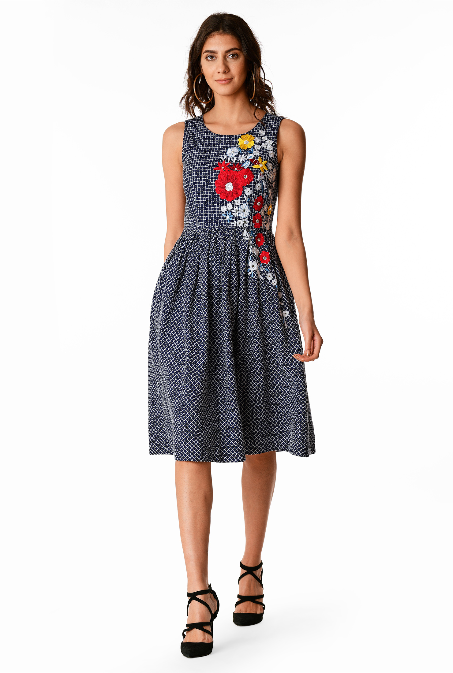 Shop Floral embroidered cotton check dress | eShakti