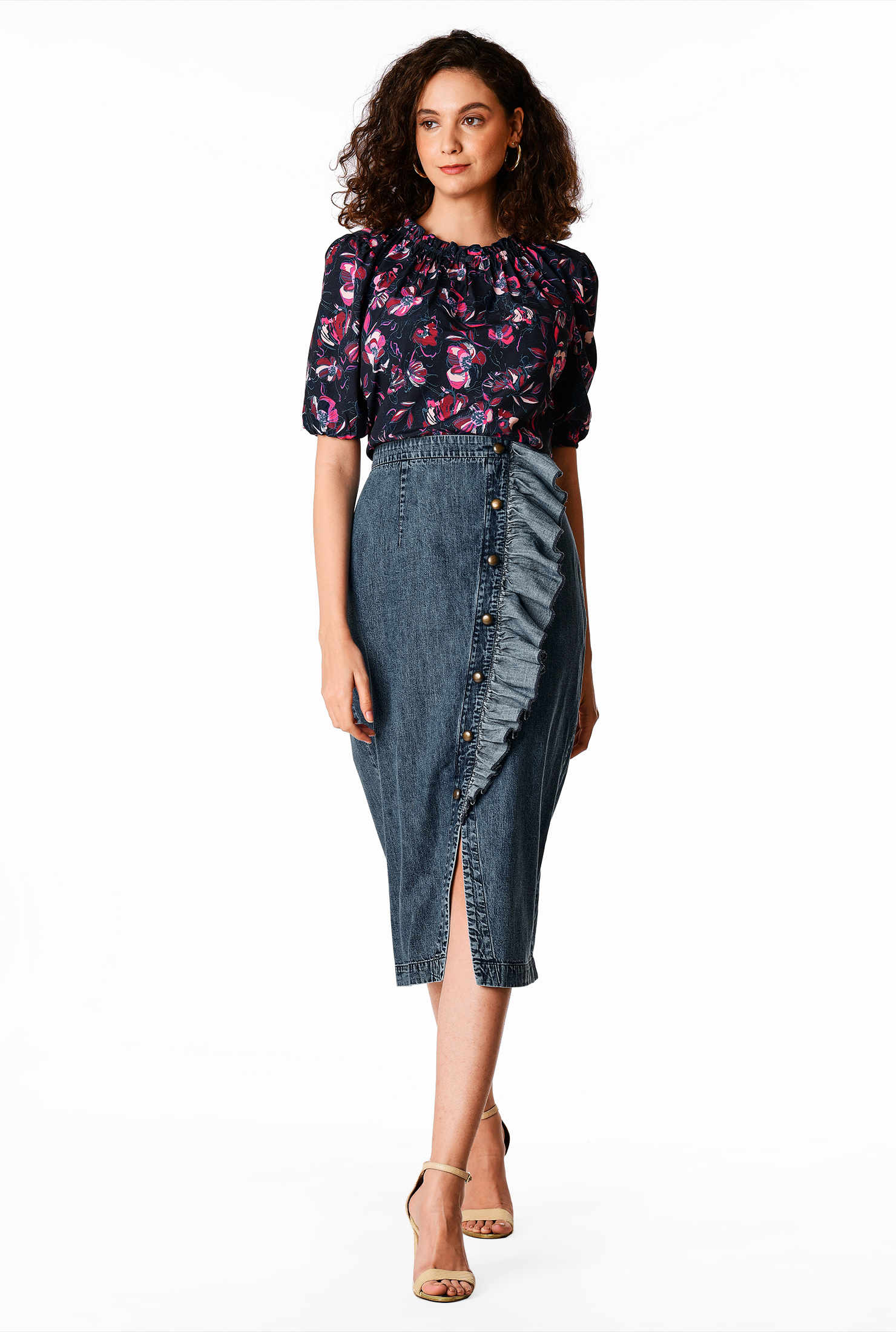 Shop Ruffle button front cotton denim skirt | eShakti