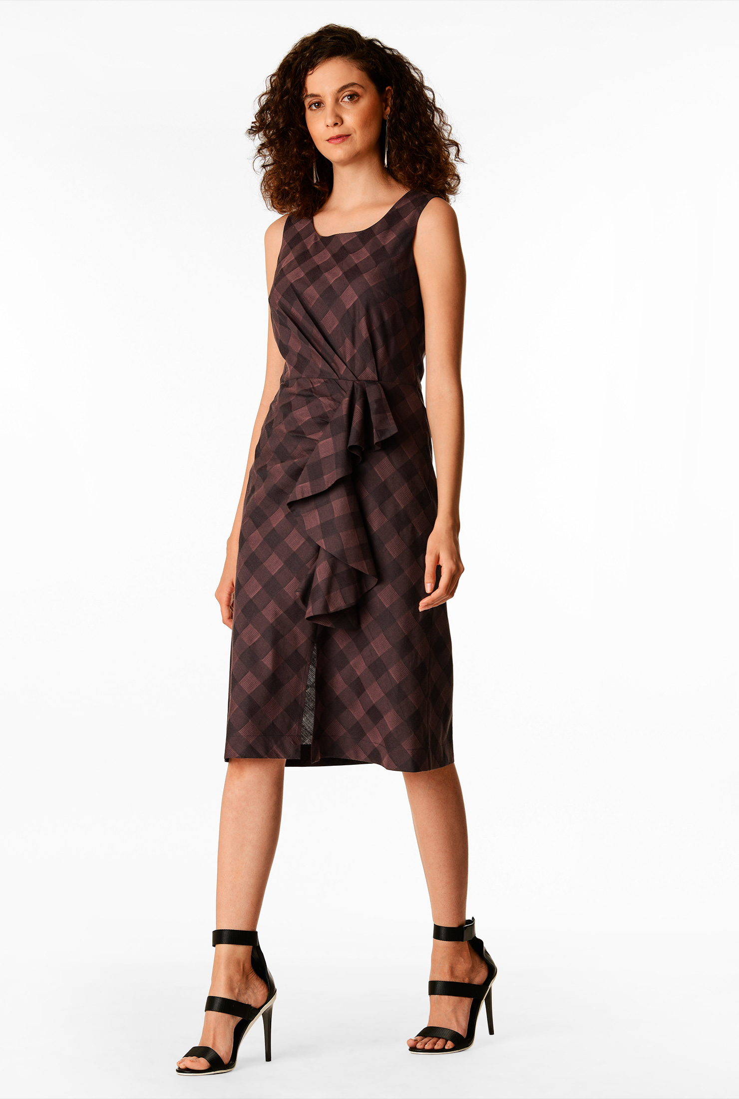 Shop Ruffle front cotton check sheath dress | eShakti