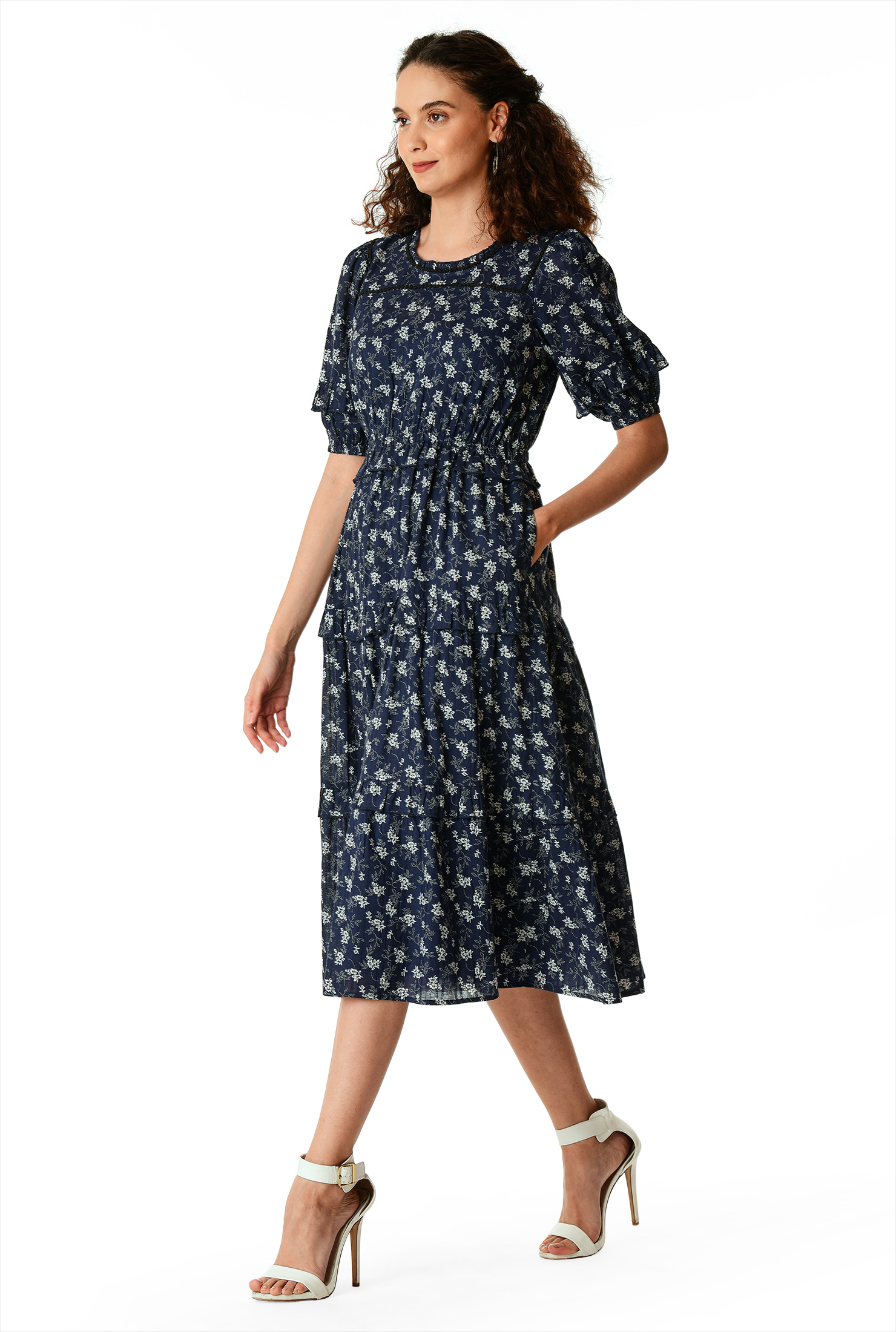 Shop Floral print cotton ruffle tier dress | eShakti