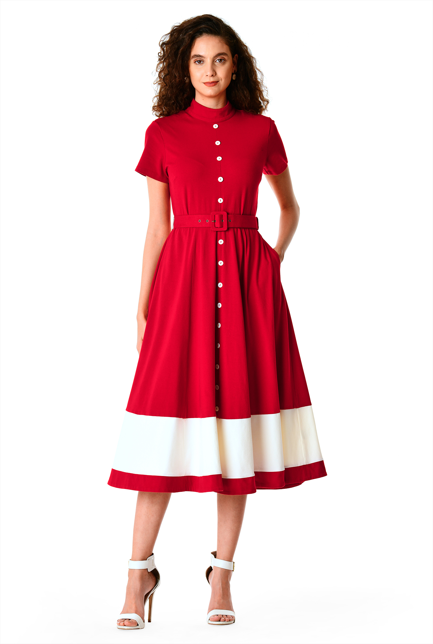 Shop Contrast banded hem cotton knit belted shirtdress | eShakti