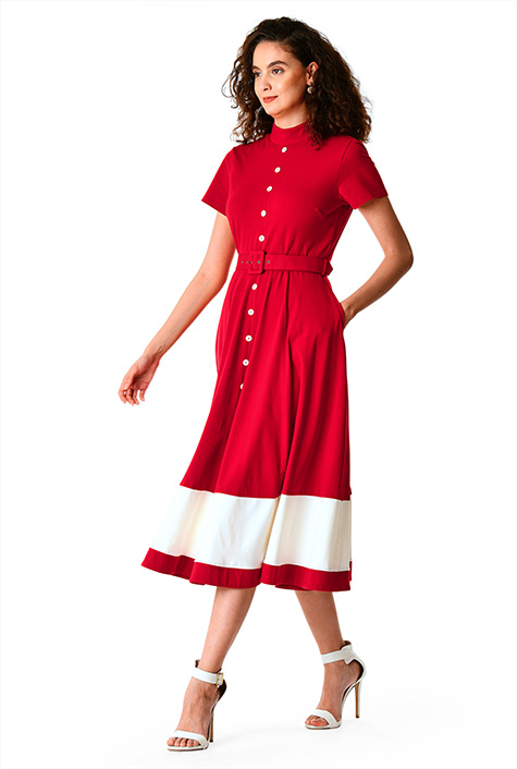 Shop Contrast banded hem cotton knit belted shirtdress | eShakti