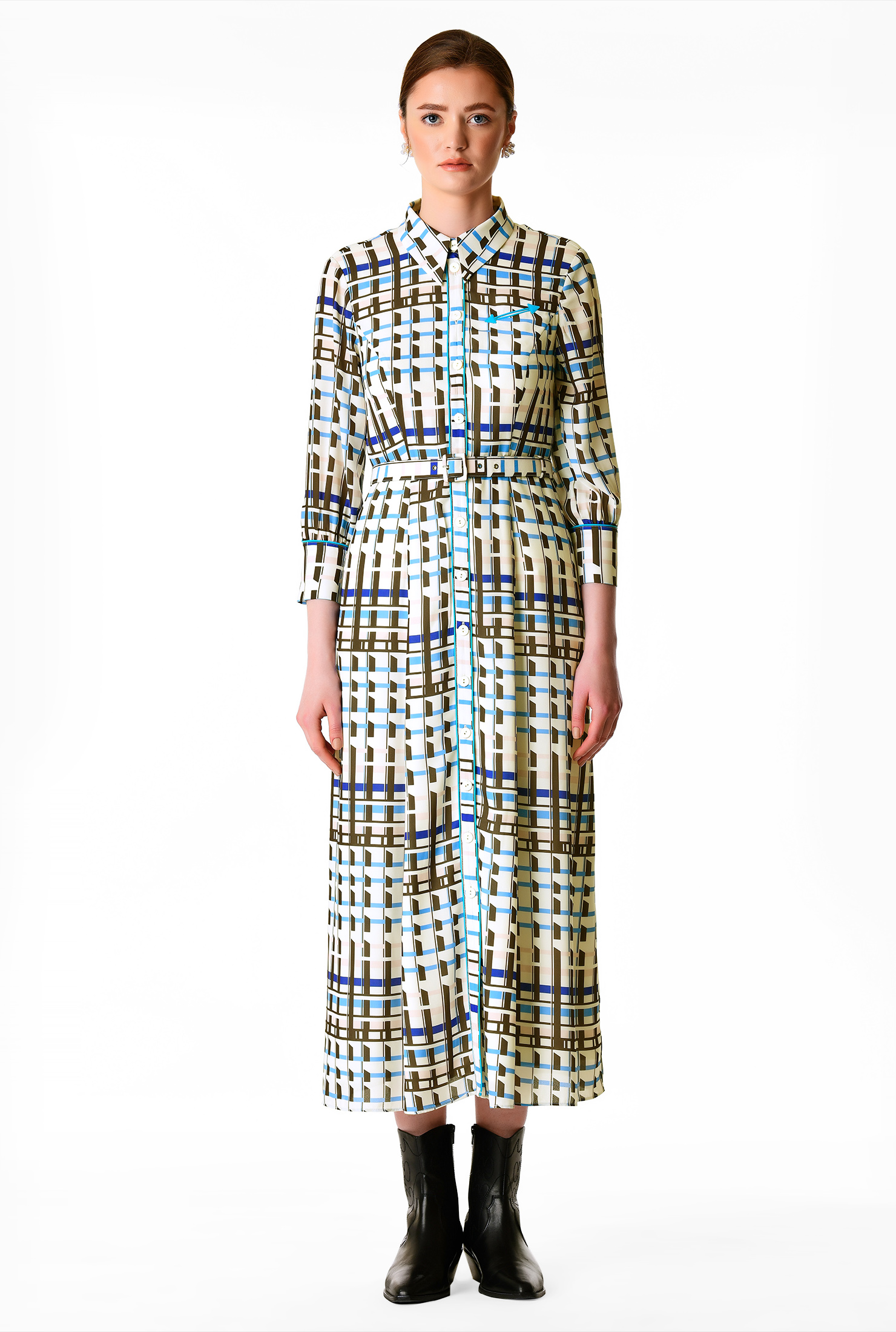 Shop Tipped trim abstract check print crepe shirtdress | eShakti