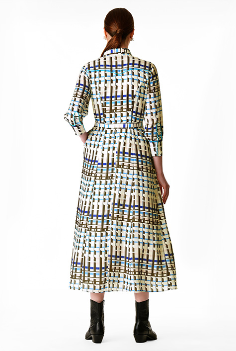 Shop Tipped trim abstract check print crepe shirtdress | eShakti