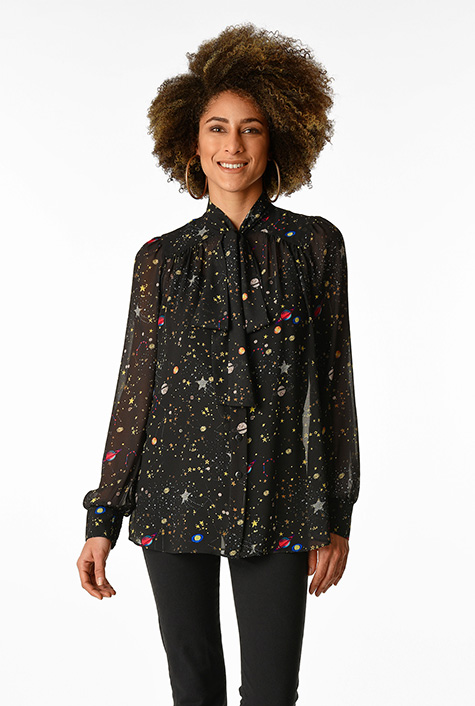 Shop Tie neck constellation print georgette blouse | eShakti