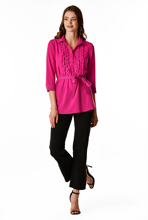 Shop Ruffle frill trim crepe sash tie shirt | eShakti