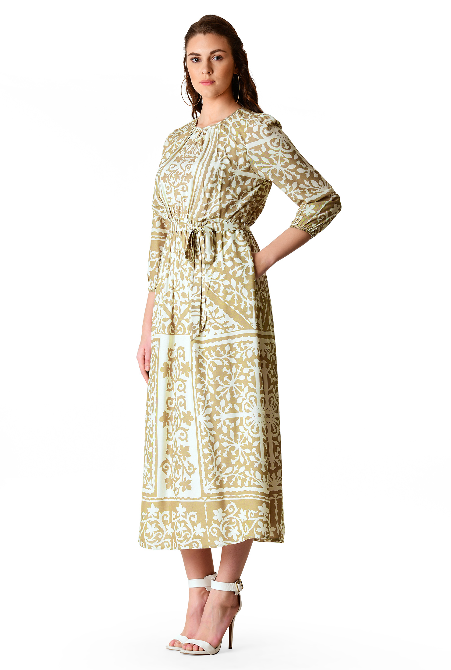 Shop Ruched tile print elastic waist dress | eShakti