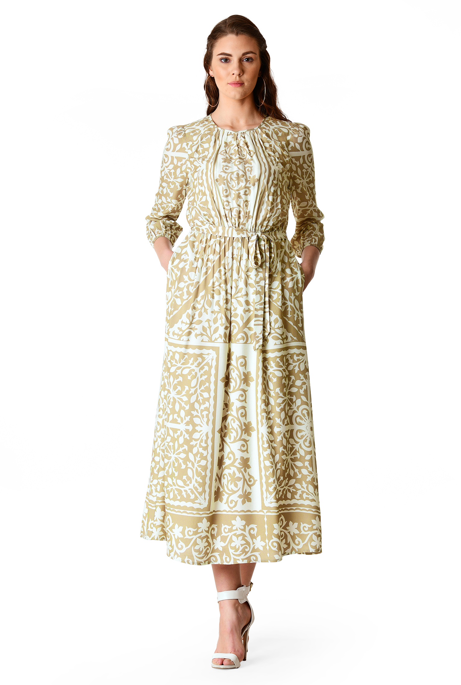 Shop Ruched tile print elastic waist dress | eShakti