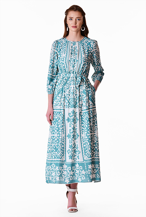 Shop Ruched tile print elastic waist dress | eShakti