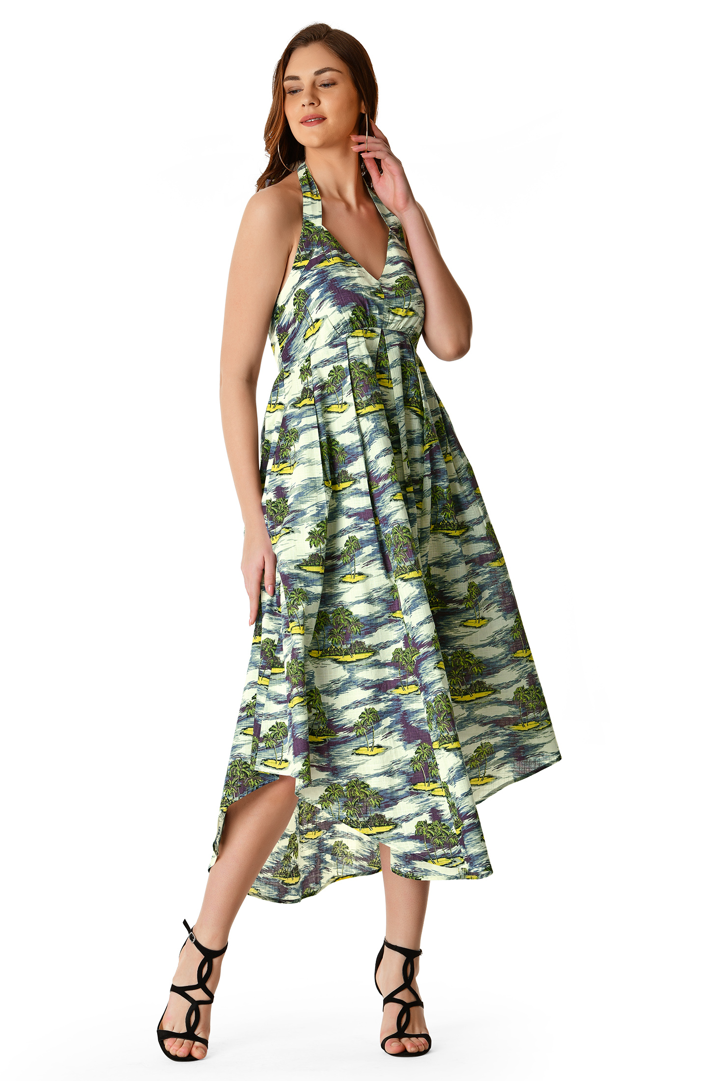 Shop Tropical island print halter maxi dress | eShakti