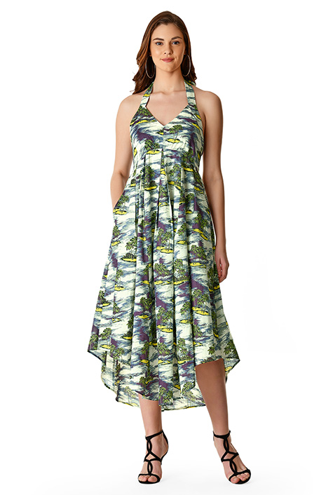 Shop Tropical island print halter maxi dress | eShakti