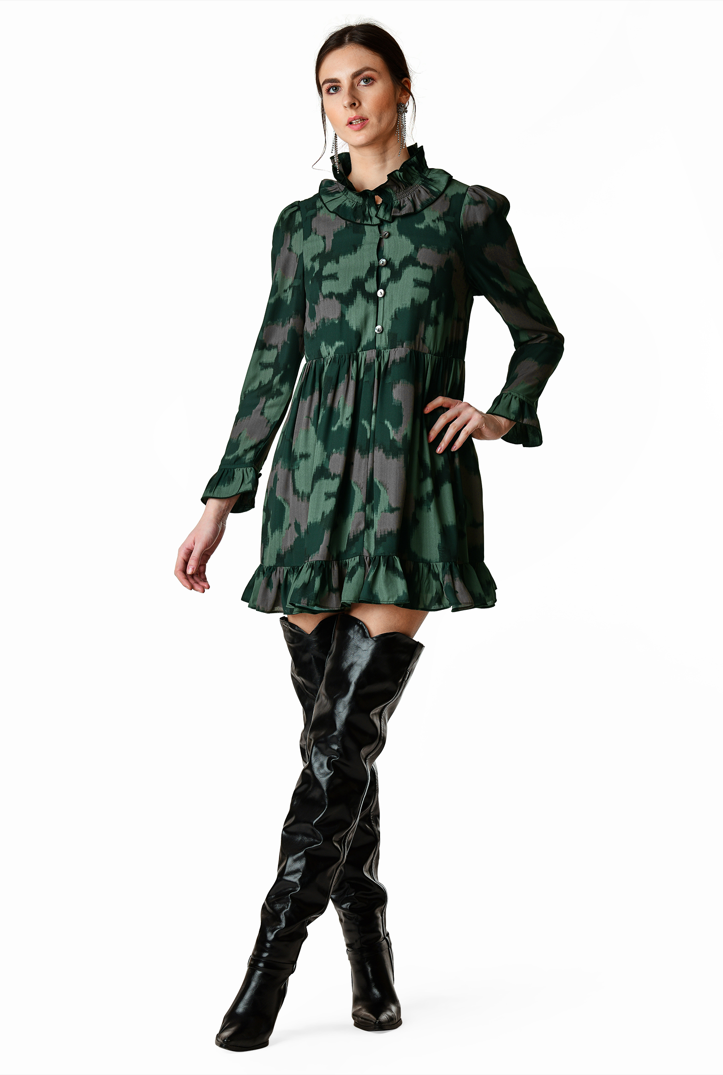 Shop Ruffle camo print crepe shift dress | eShakti