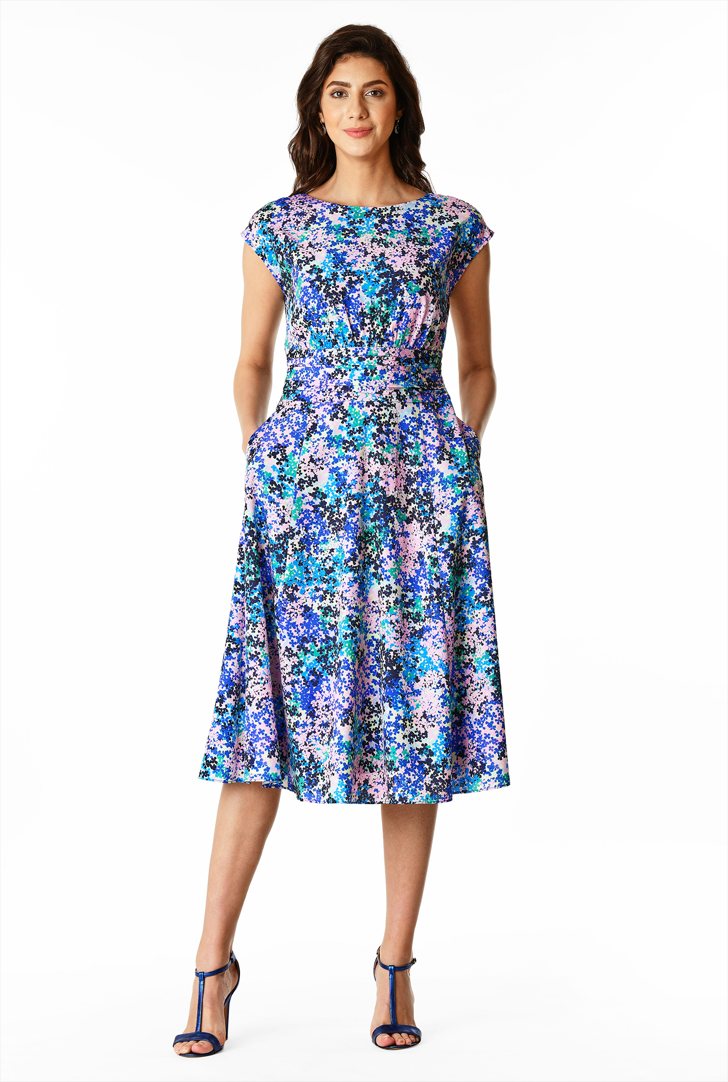 Shop Floral print pleated empire matte crepe dress | eShakti