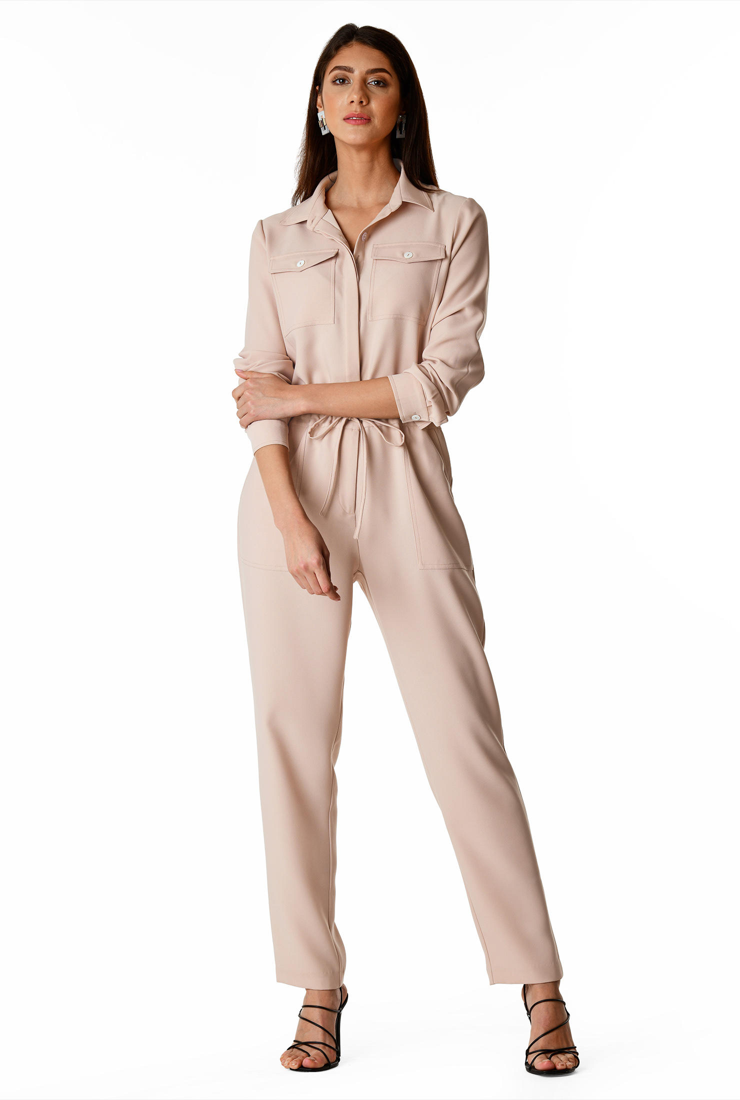 Shop Drawstring waist crepe satin jumpsuit | eShakti