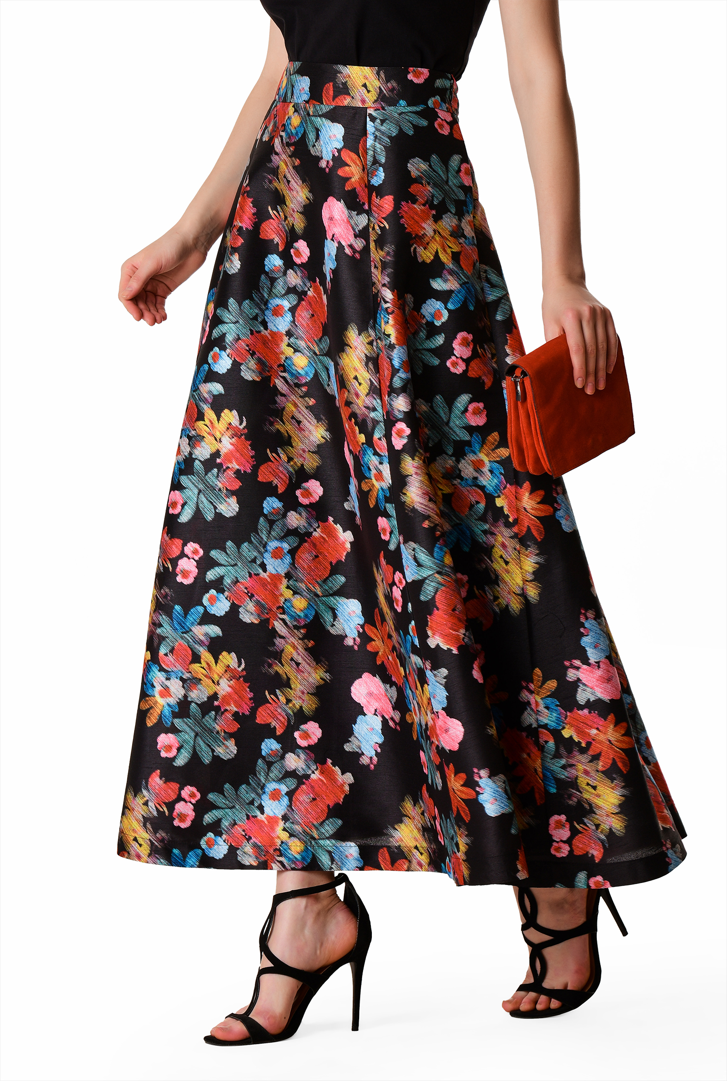 Shop Floral graphic print dupioni maxi skirt | eShakti