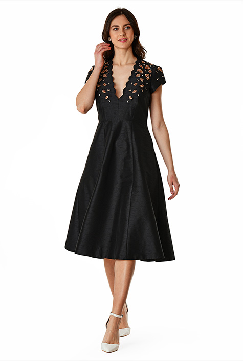 Shop Scallop plunge floral embroidery dupioni dress | eShakti