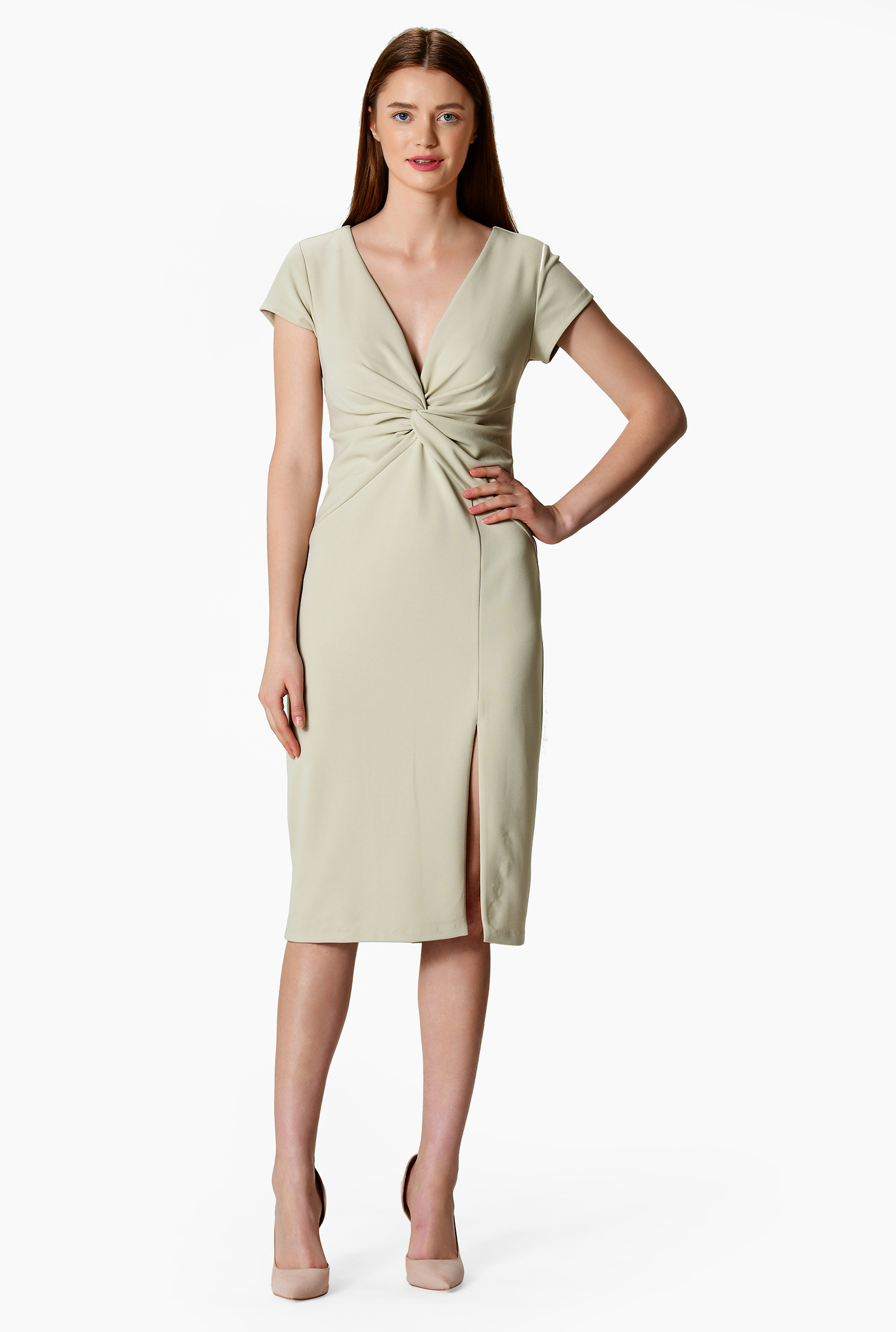 Shop Knot front crepe knit vented sheath dress | eShakti