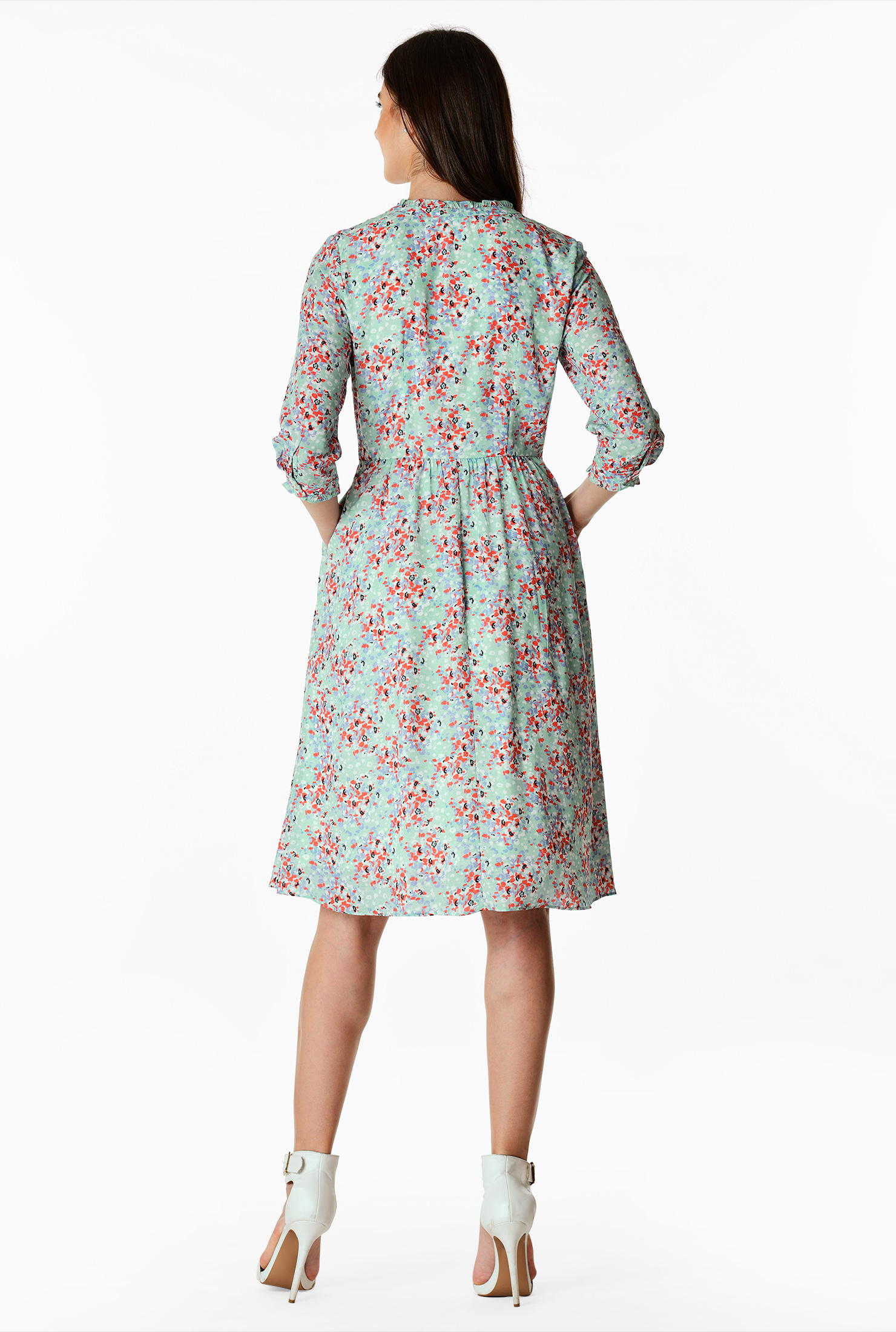 Shop Ruffle pleat bib-front floral print crepe shirtdress | eShakti