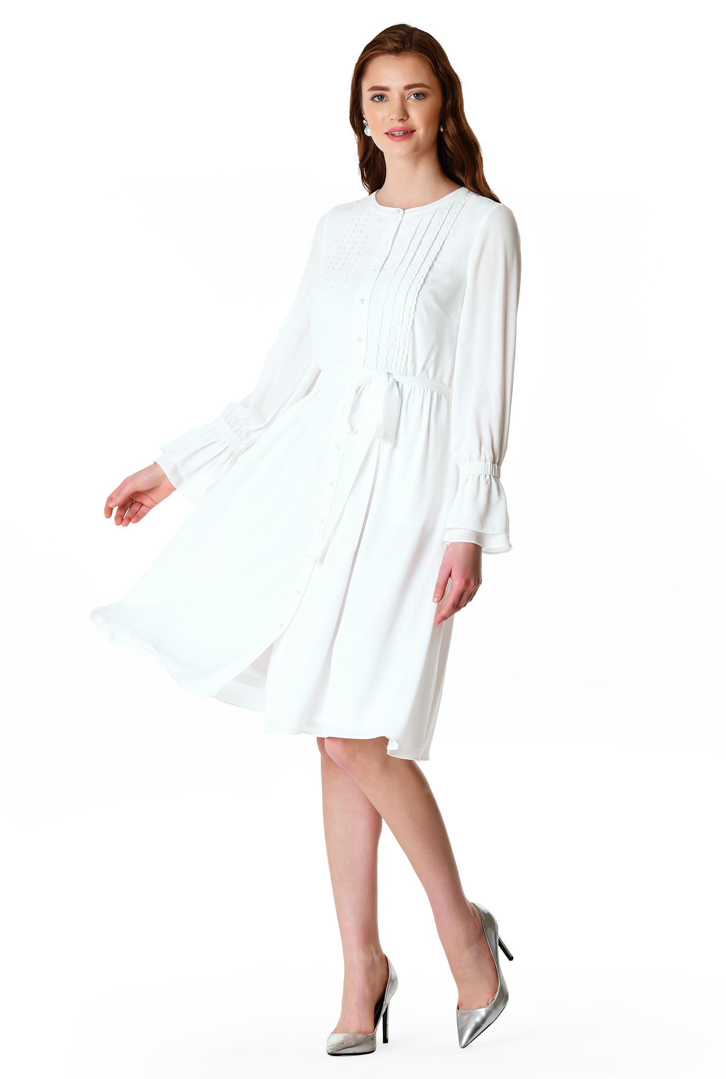 Shop Lace trim bib-front crepe shirtdress | eShakti
