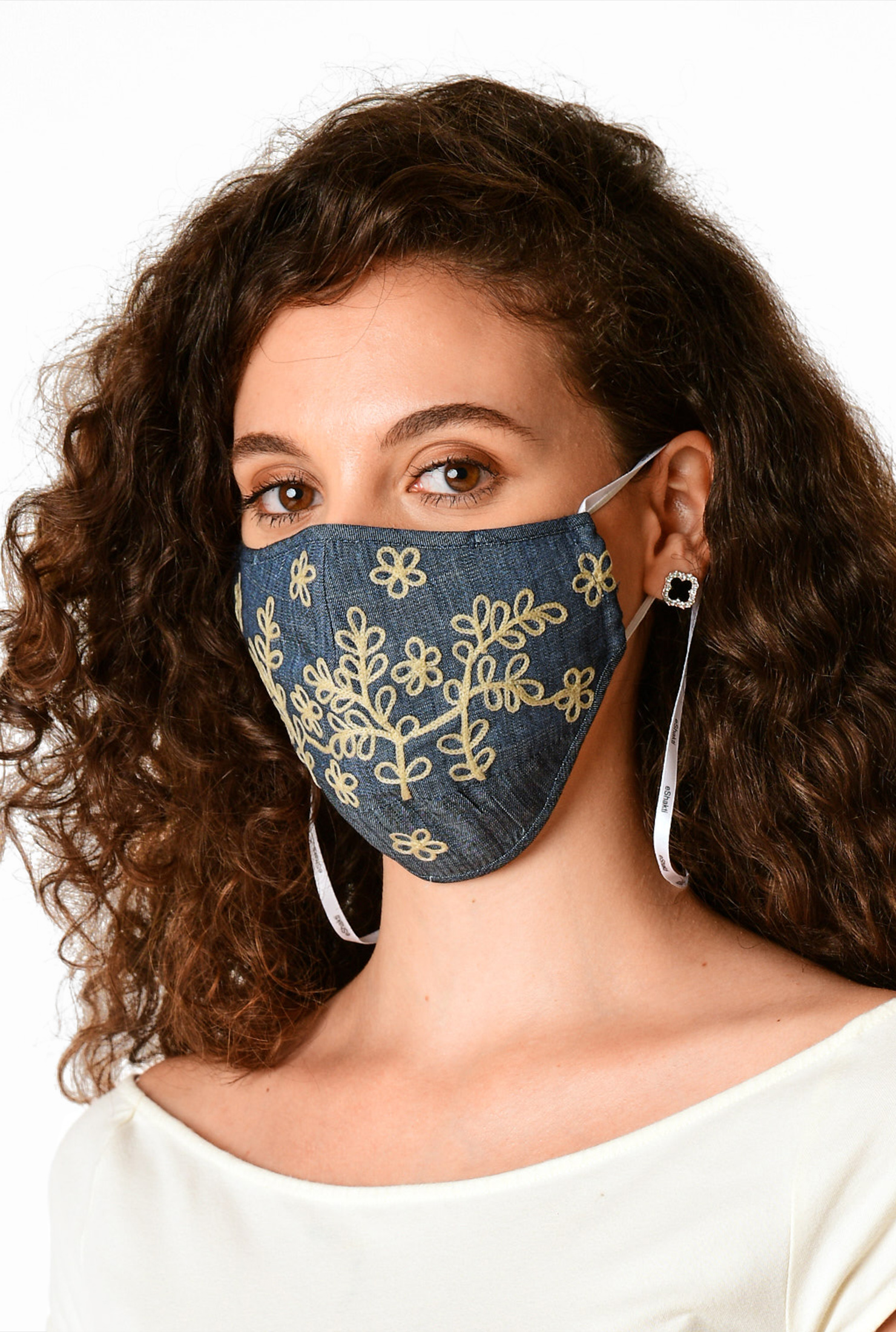Shop Floral vine embroidery cotton chambray shaped face mask | eShakti