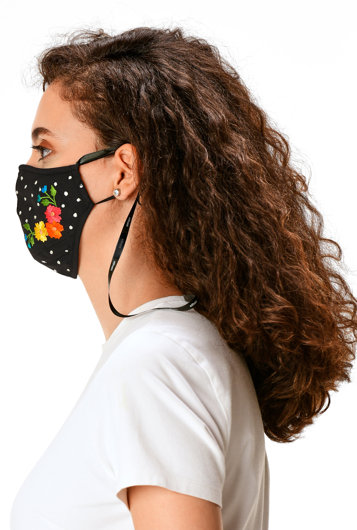 Shop Floral vine and dot embroidery cotton poplin shaped face mask ...