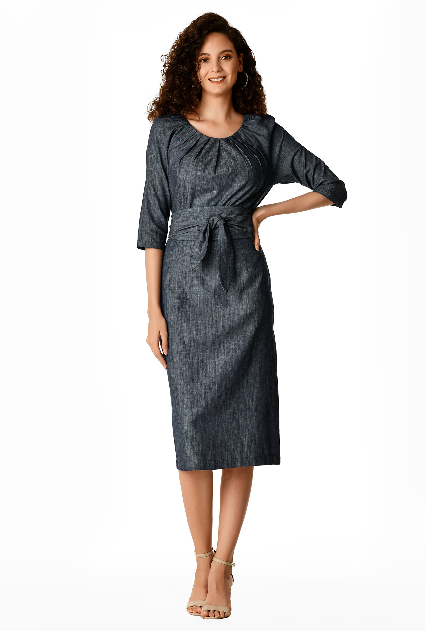 Shop Obi belt cotton chambray sheath dress | eShakti