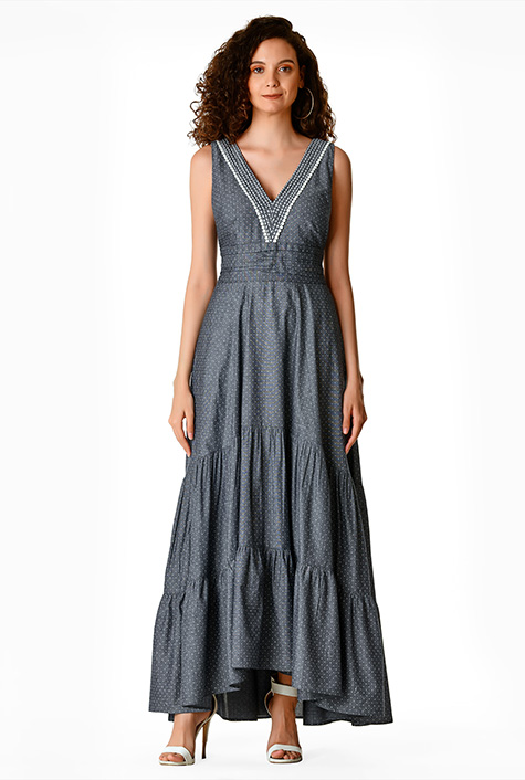 Shop Trapunto trim ruched tier dot cotton dress | eShakti