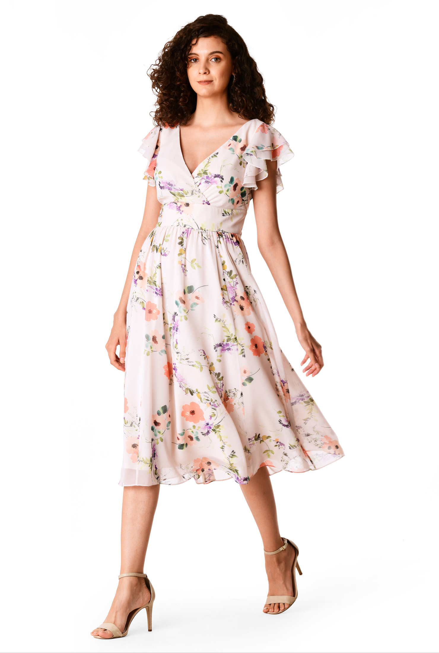 Shop Flutter sleeve floral print georgette surplice empire dress | eShakti