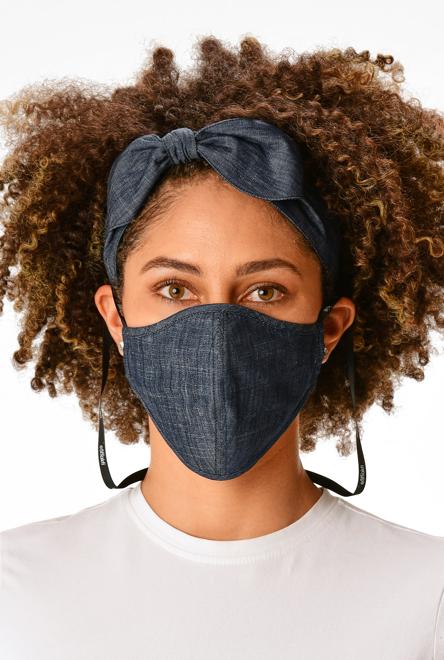 Shop Cotton chambray shaped face mask and bow-tie headband | eShakti