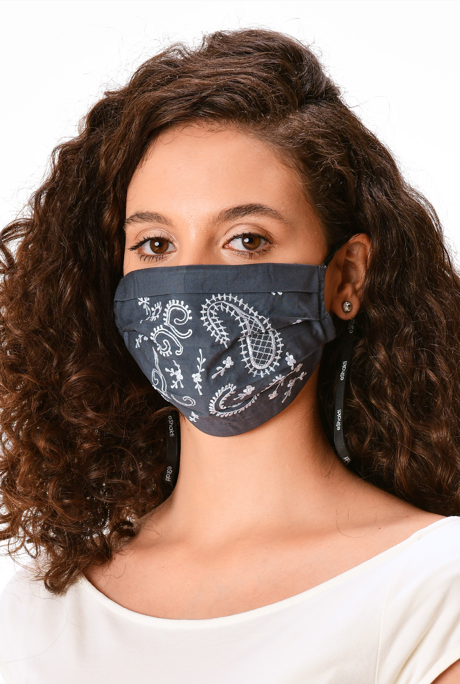 Shop Paisley embroidery cotton poplin pleated face mask | eShakti