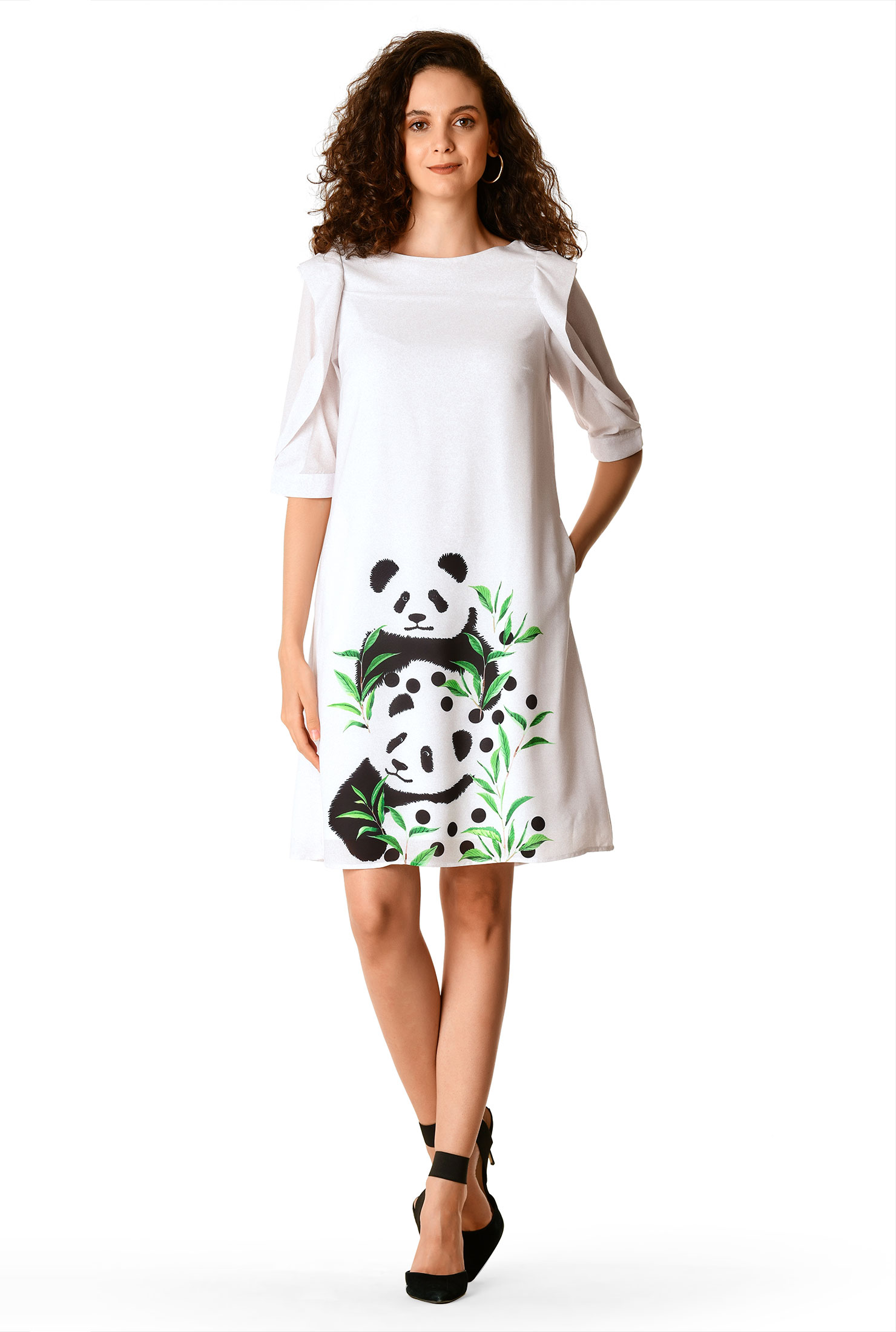 Shop Pleated puff sleeve panda print crepe shift dress | eShakti