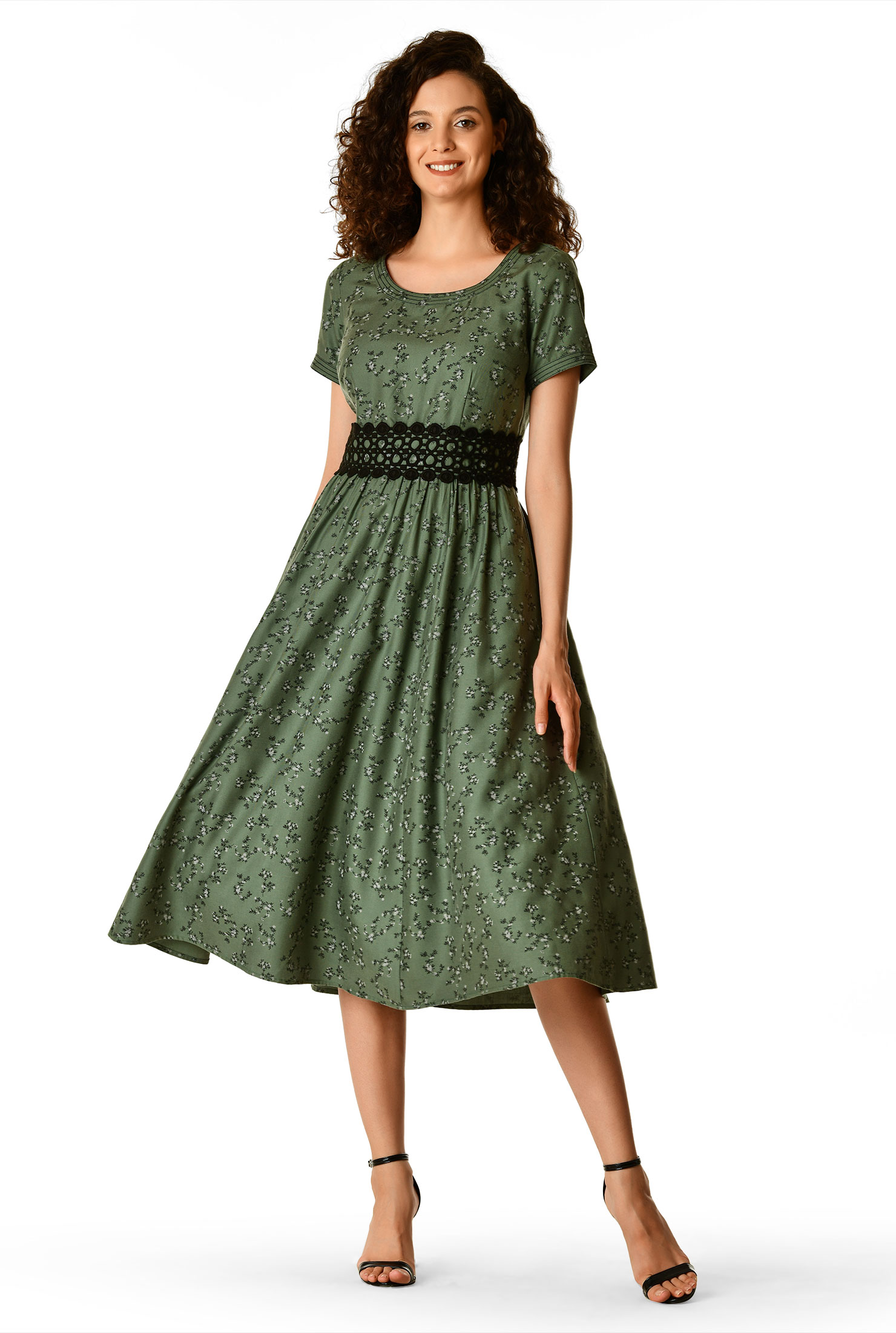 Shop Lace trim floral print twill dress | eShakti