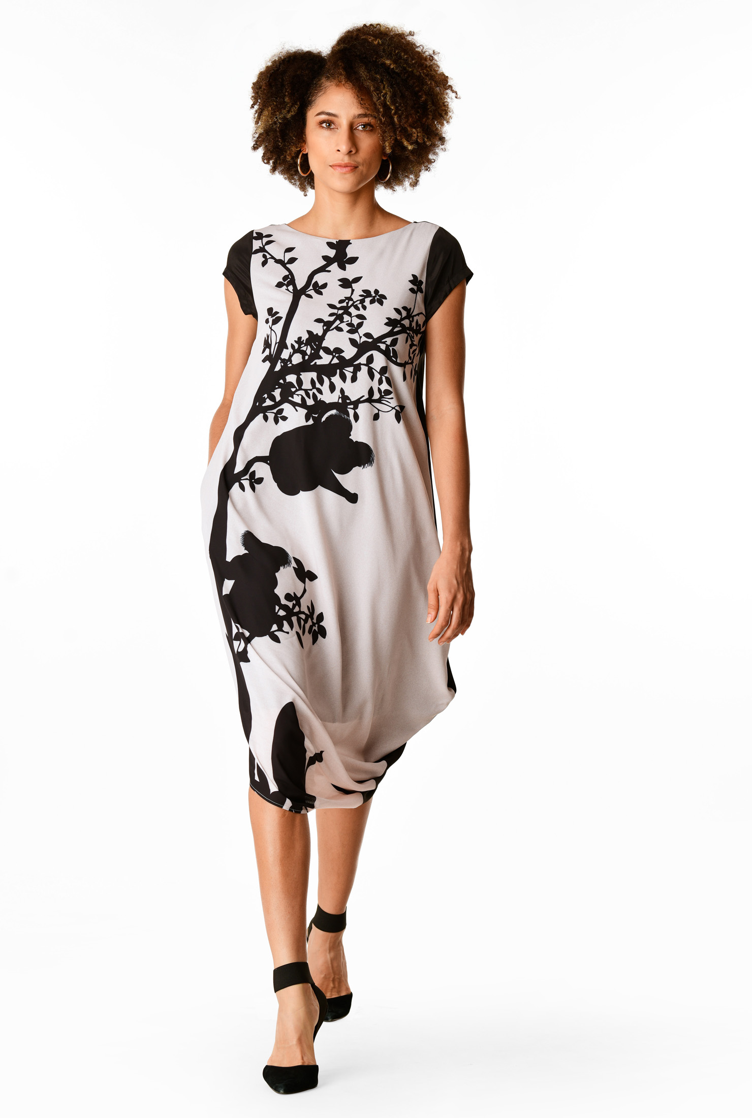 Shop Koala bear print crepe asymmetric hem shift dress | eShakti