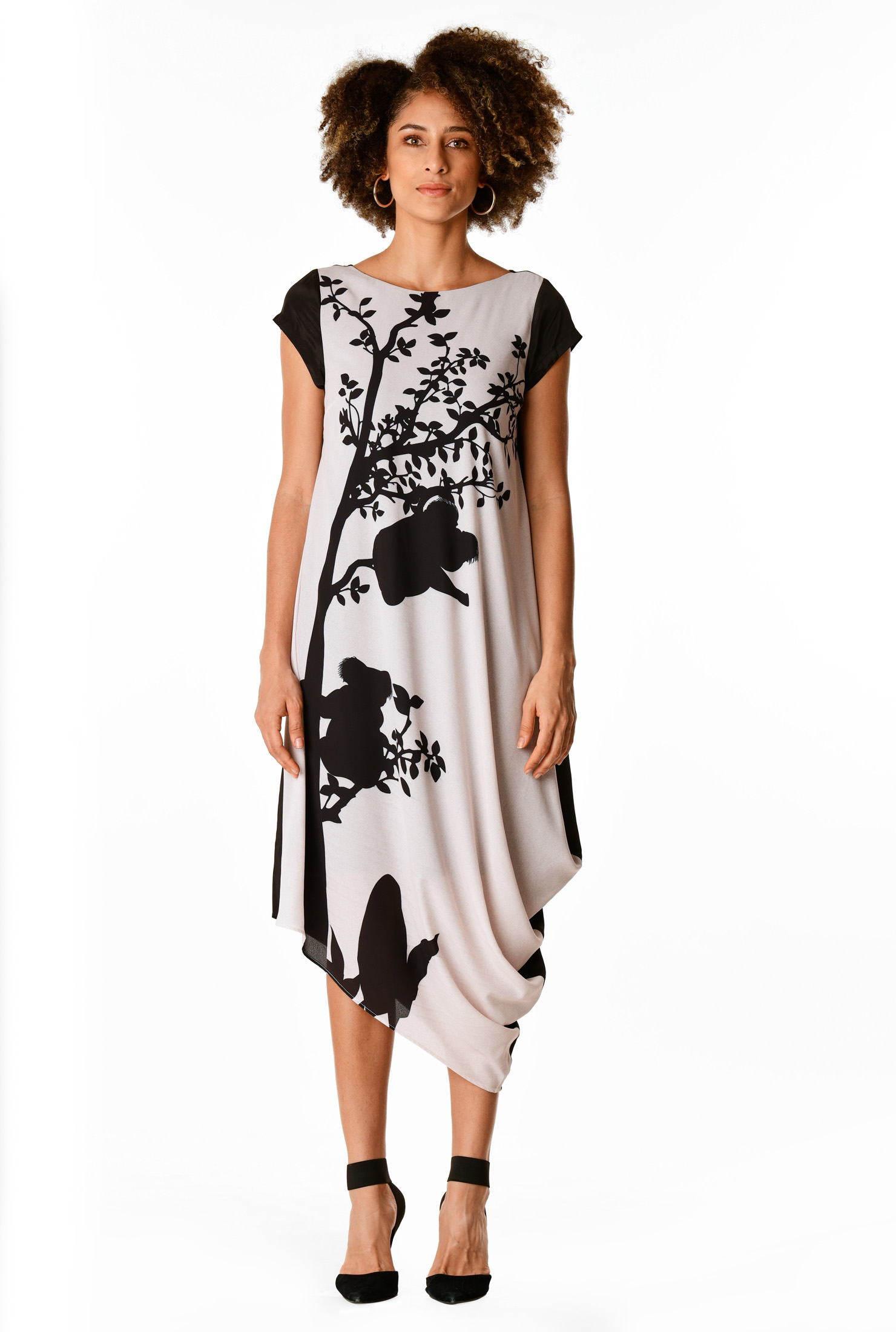 Shop Koala bear print crepe asymmetric hem shift dress | eShakti