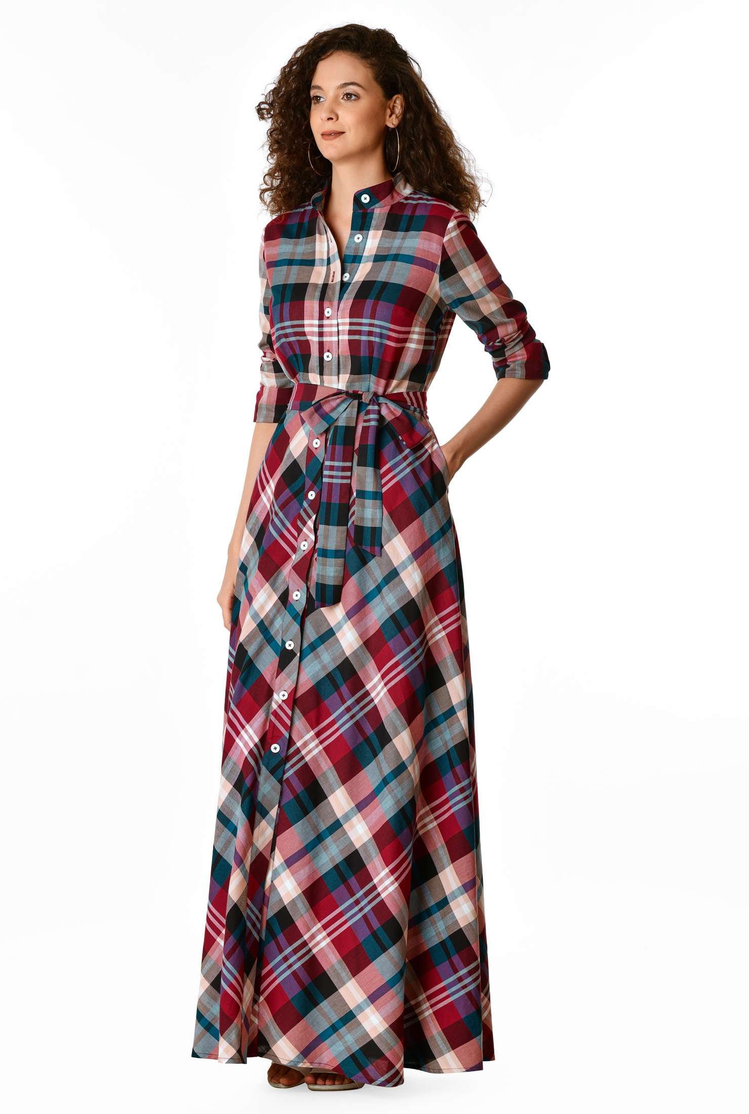 Shop Sash tie cotton check maxi shirtdress | eShakti